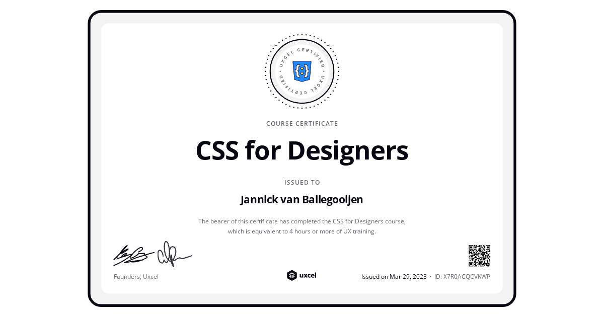 Certificate of completion for CSS Foundations | Uxcel